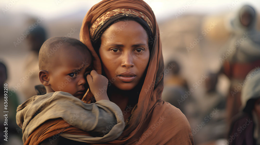 A homeless refugee woman with a child on the street. Migrants. Hunger ...