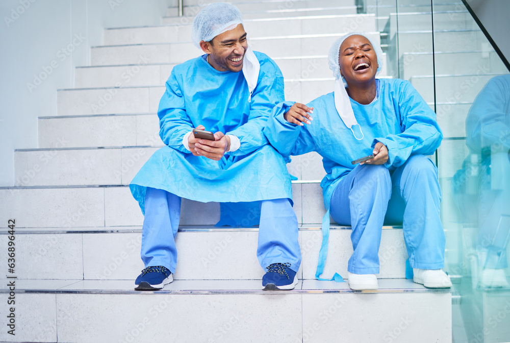 Surgeon, conversation and laughing on hospital stairs with phone and ...