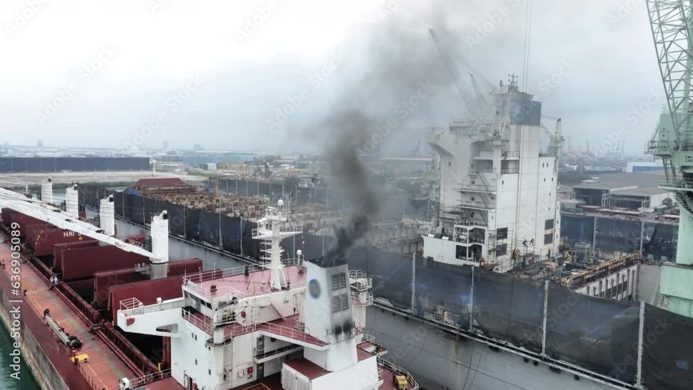 Smoke exhaust gas emissions carbondioxide from cargo lagre ship ...