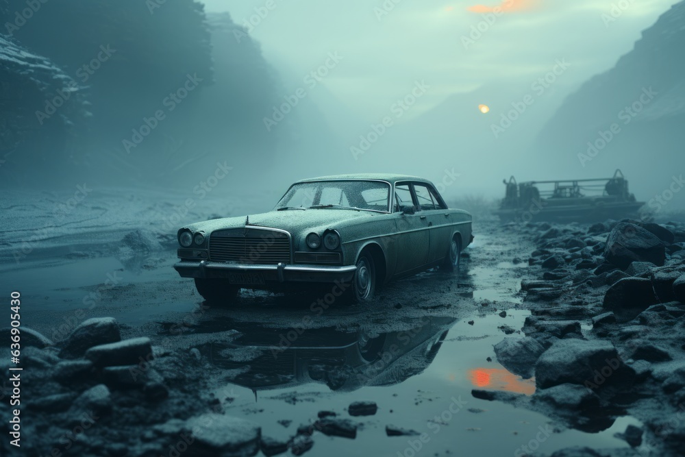 Enveloped in a cold blue tint, a rugged car stands dominant amidst a ...