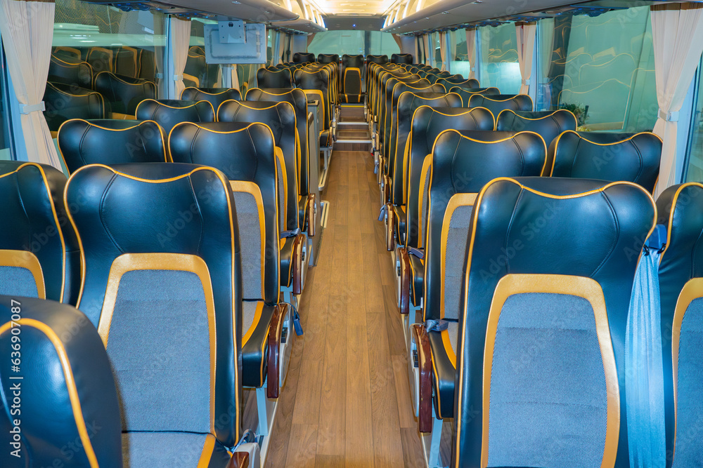 Bus interior. Vehicle with leather seats. Bus for long distance ...