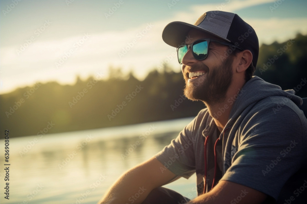 natural portrait of a young man in nature during a weekend getaway ...