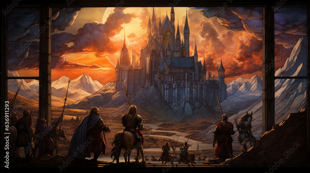 A medieval-themed stained glass window with knights, castles, and ...