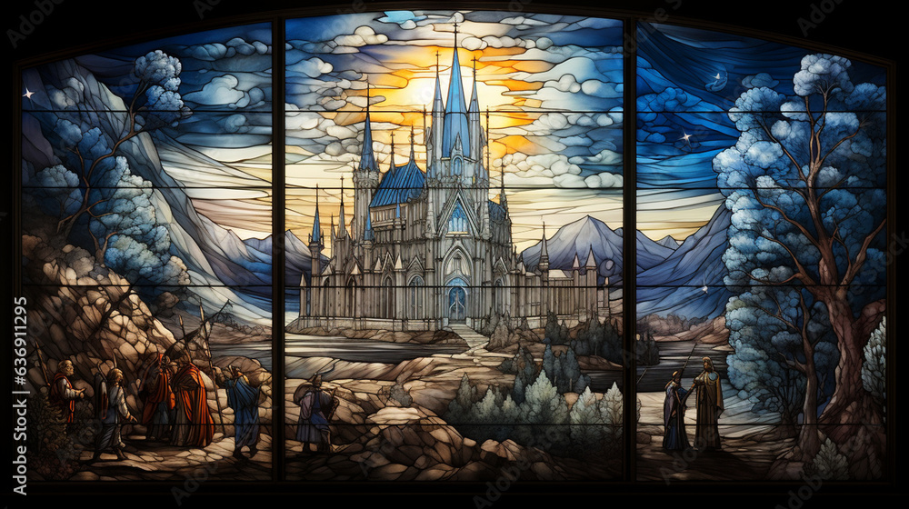 A medieval-themed stained glass window with knights, castles, and ...