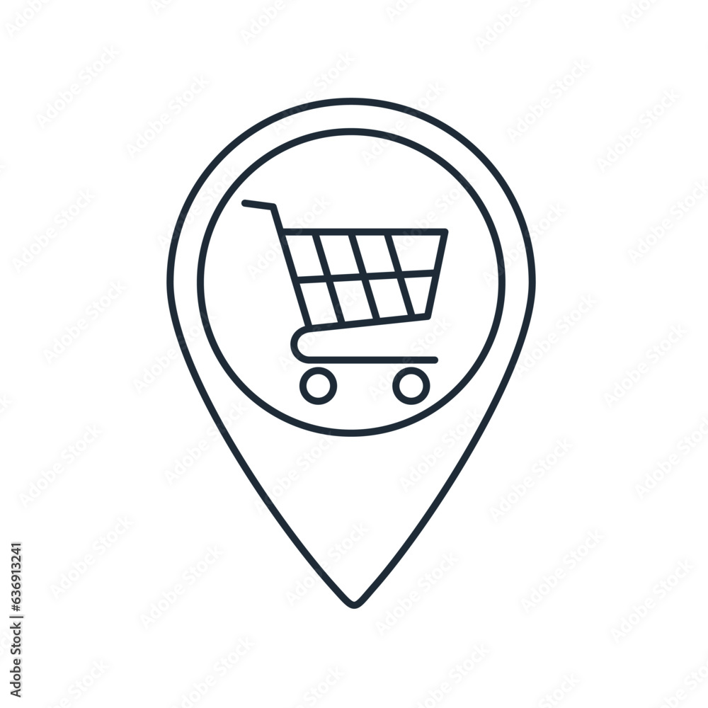 Shopping trolley and location indicator. Supermarket place on the map ...