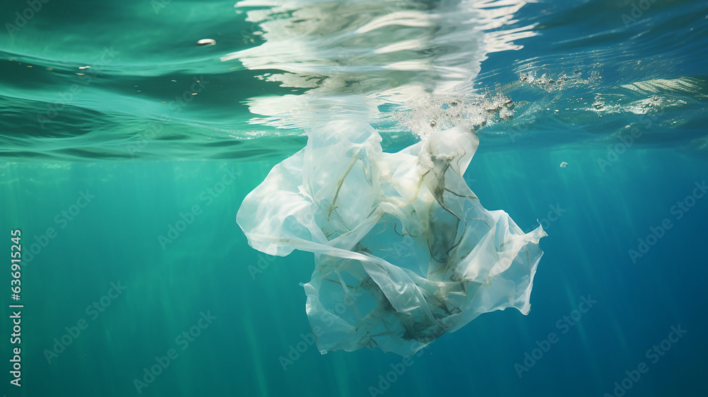 Consumption impact plastic bag swimming in the ocean waste littering ...
