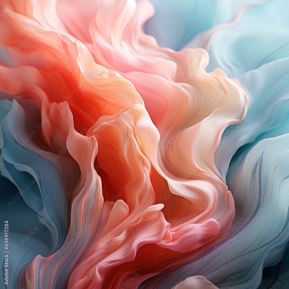Pastel coral pink paint gracefully flows on a pastel blue backdrop ...