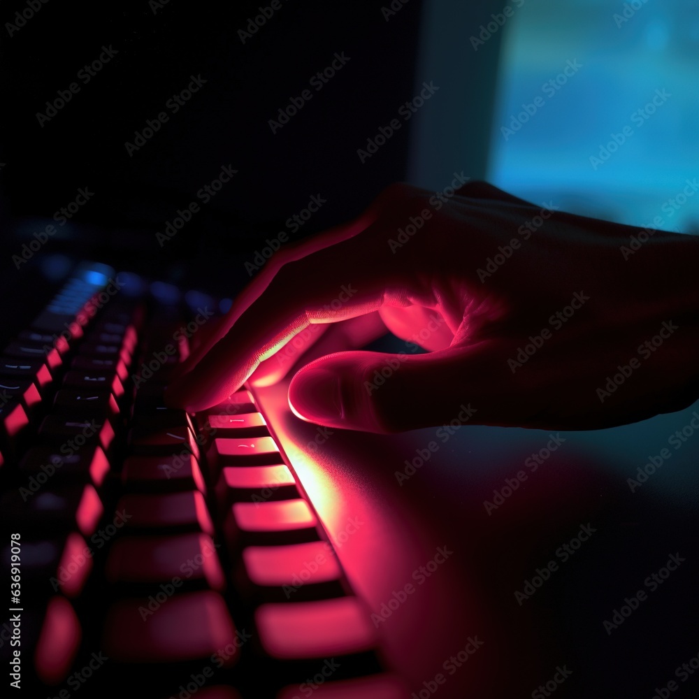 Finger pressing keyboard. Hands on keyboard. A person typing on a ...