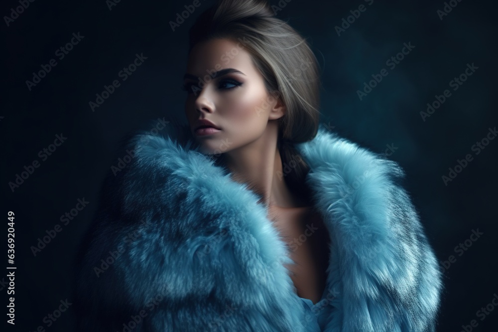 woman in luxurious fur coat. Fashion model girl in blue fox fur coat ...
