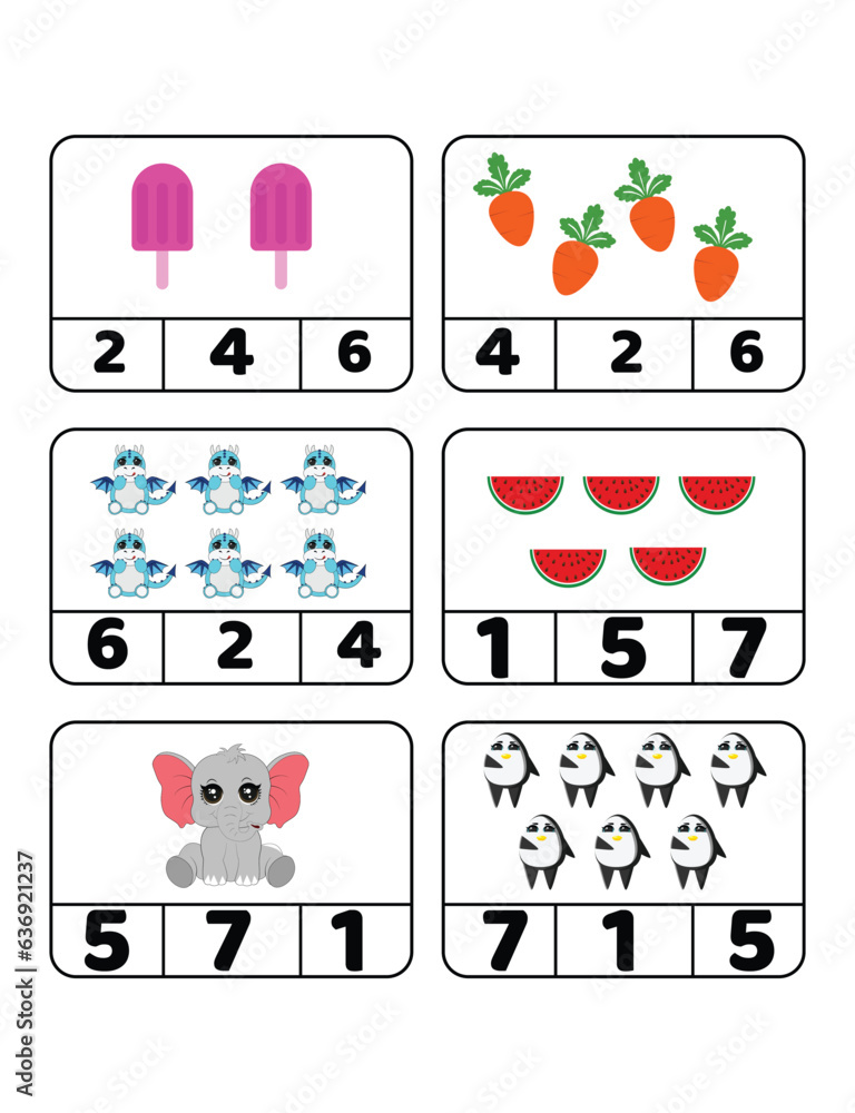 Count and match with written numbers. Educational worksheet. Stock ...