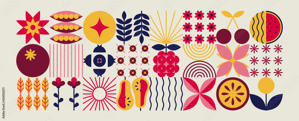 Abstract geometric fruits pattern. Natural organic flower food shapes ...