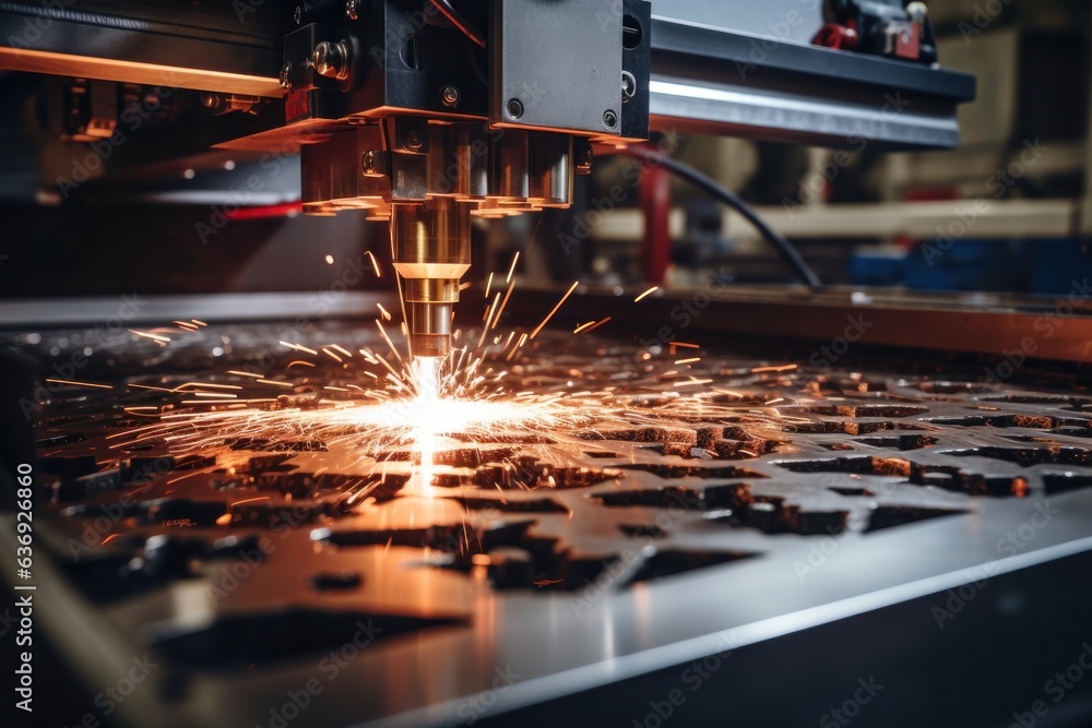 CNC laser cutting of metal, the laser beam that creates and produces a ...