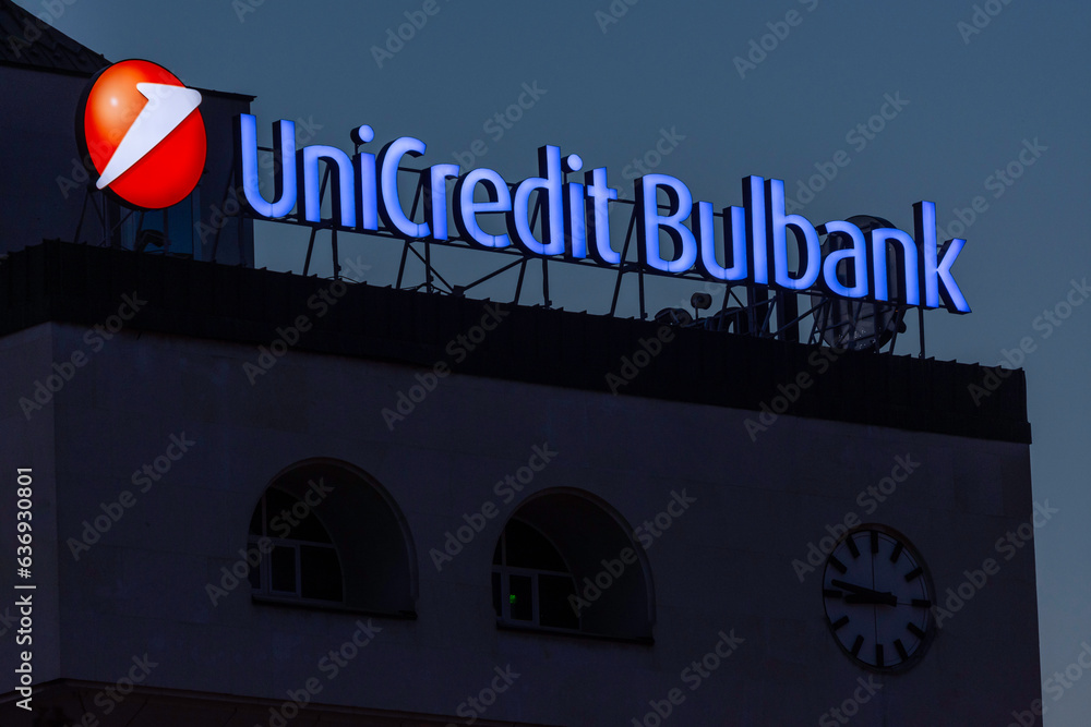 SOFIA, BULGARIA - 18 AUGUST 2023: Unicredit Bulbank, neon advertisement ...
