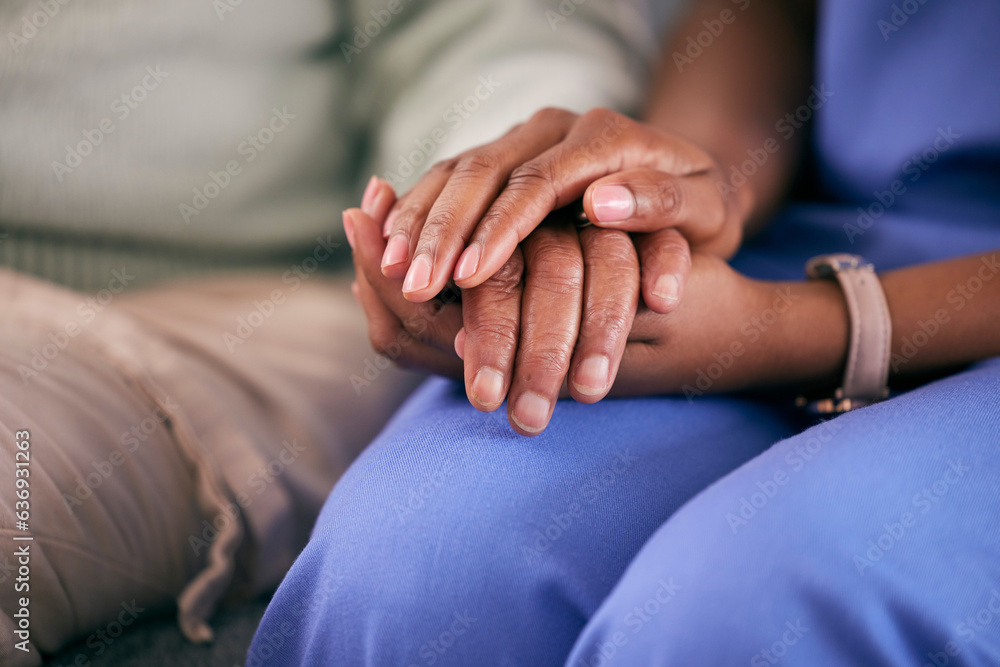 Nurse, holding hands and elderly support in a retirement and nursing ...