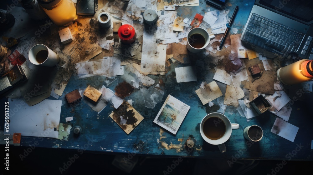 Concept of Uninspired Workspace: An office desk cluttered with ...