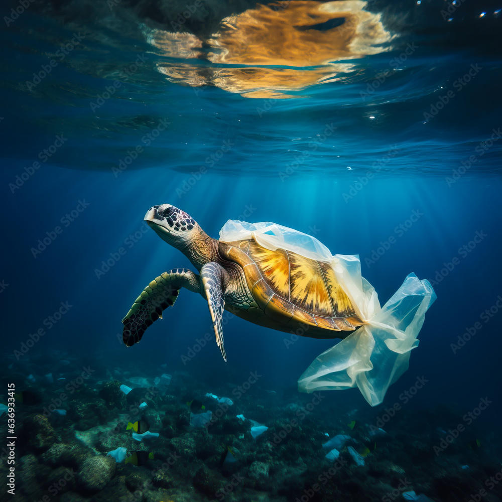 Sea turtle swimming the ocean surrounded by floating garbage and ...