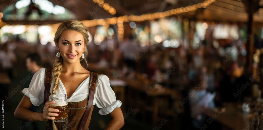 Beautiful German Oktoberfest waitress in a traditional Bavarian dress ...