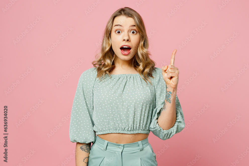 Young insighted smart proactive woman she wear casual clothes look ...