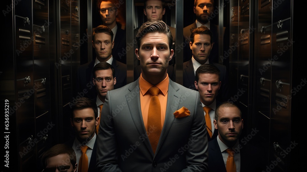 Concept of Monotonous Routine: A man stands in an elevator, surrounded ...