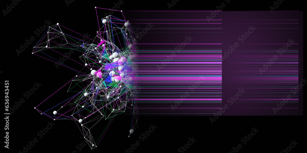 Abstract background contain color chaotic web grid and spheres and lines on black. Big Data ...