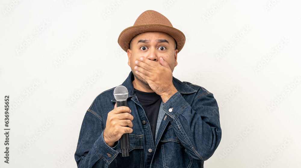 Shocked face young asian man singing song. Artist vocalist singer on ...