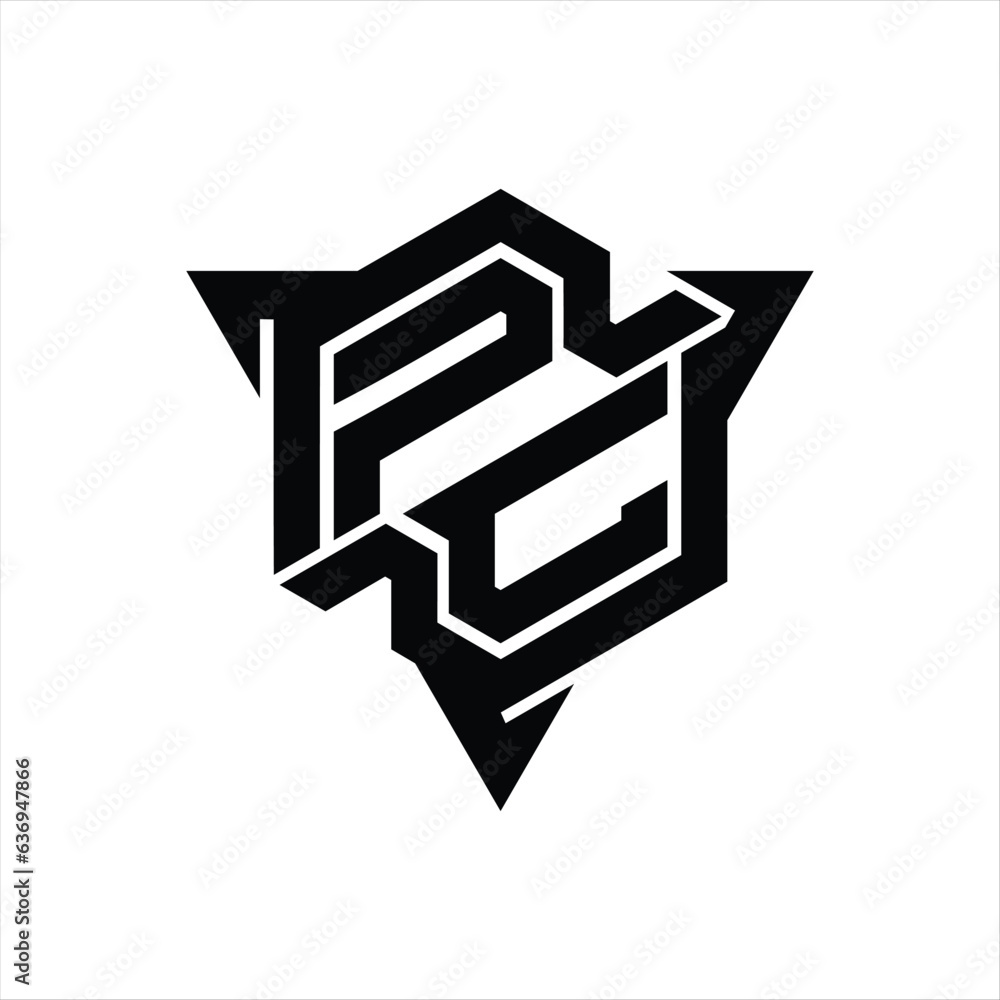 PC Logo monogram hexagon shape with triangle outline gaming style ...