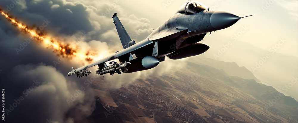 Generic military fighter jet crosses over a target bombing location ...