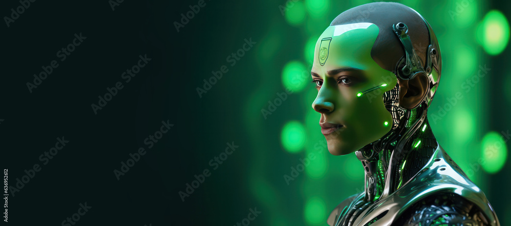 androgynous robot profile closeup on green neon background banner with ...