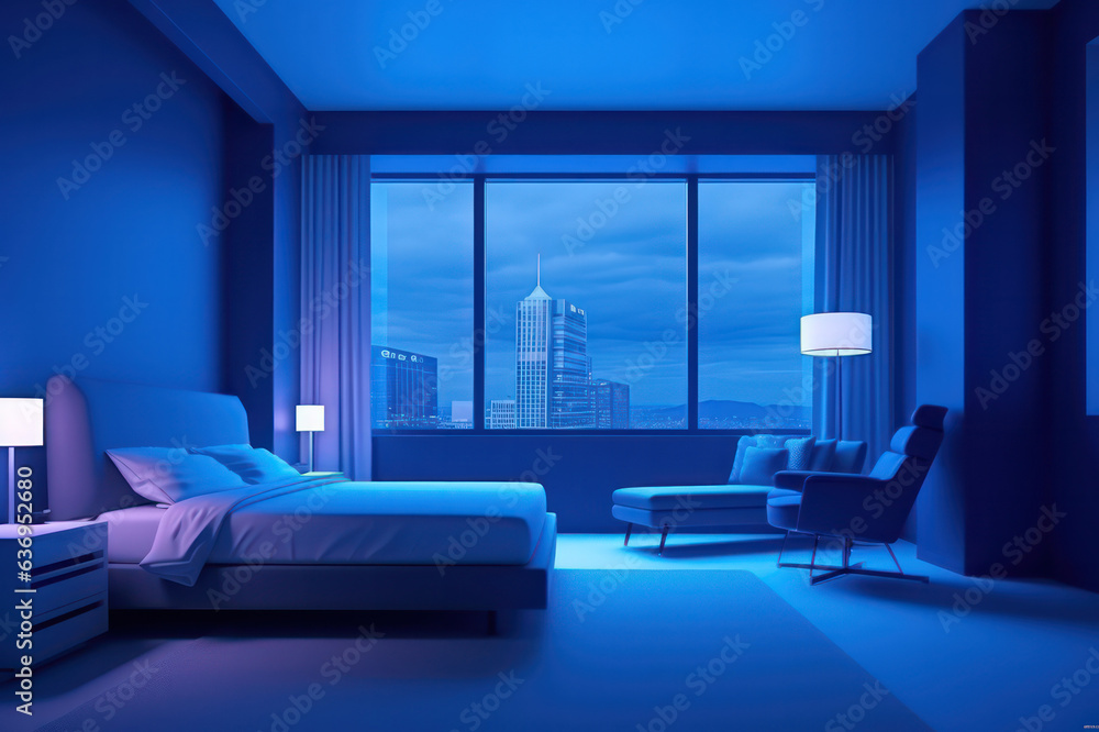 interior of a hotel bedroom blue color palette at night Stock ...