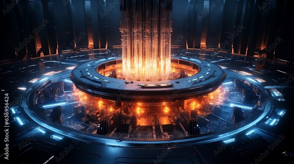 Nuclear reactor with glowing rods. Fantastic laboratory machine working ...