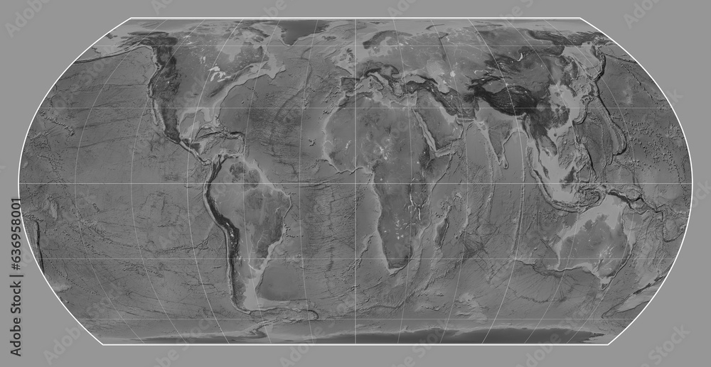 World map. Grayscale. Hatano Asymmetrical Equal Area projection ...