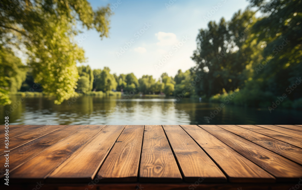 Empty wooden table top with blurred nature background. Calm sunny day ...