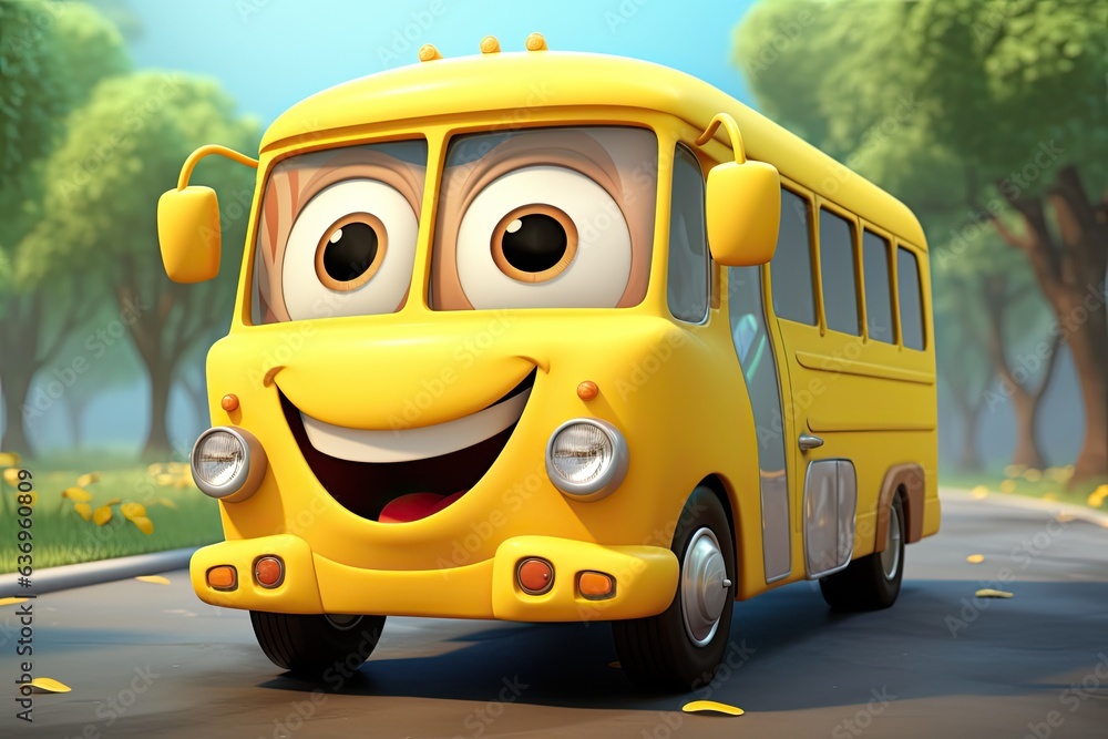 Cute friendly Cartoon character yellow colour school bus on a street ...