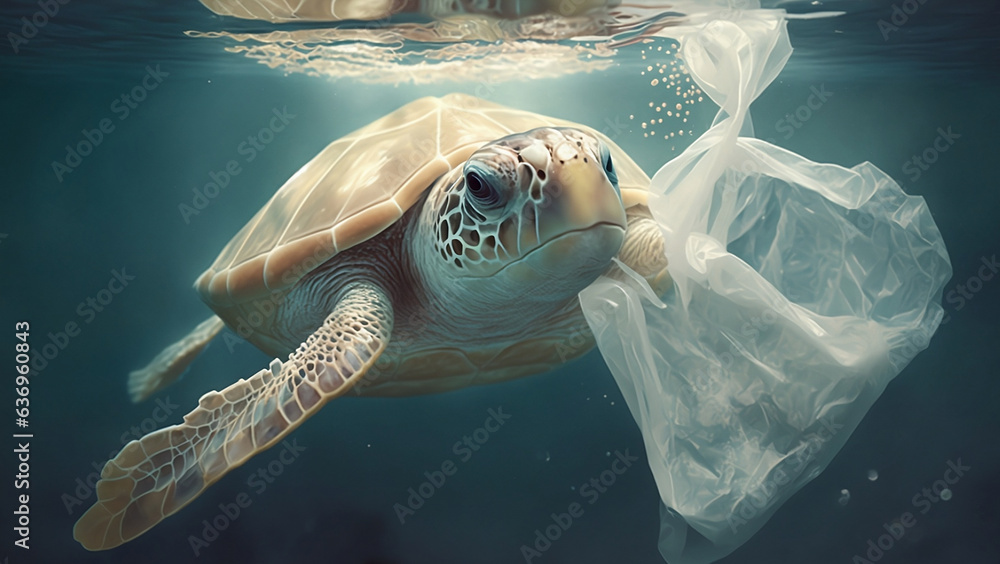 Waste ocean of wild sea turtle in transparent plastic bag swimming ...