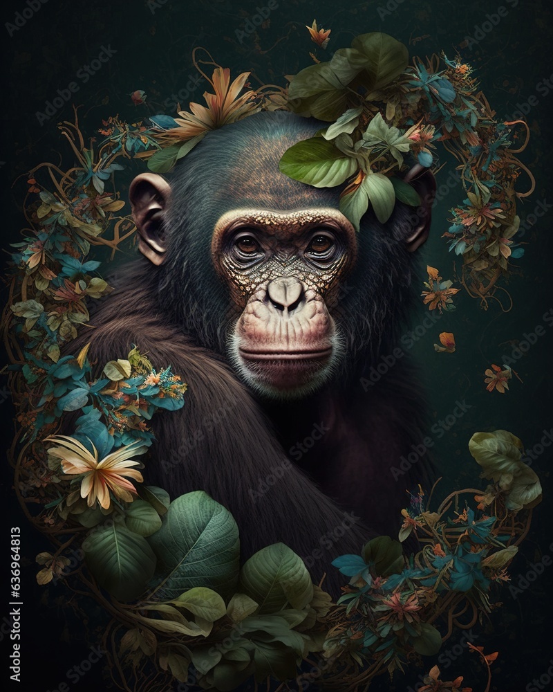 Fantasy monkey portret in flowers and leaves Stock Photo | Adobe Stock