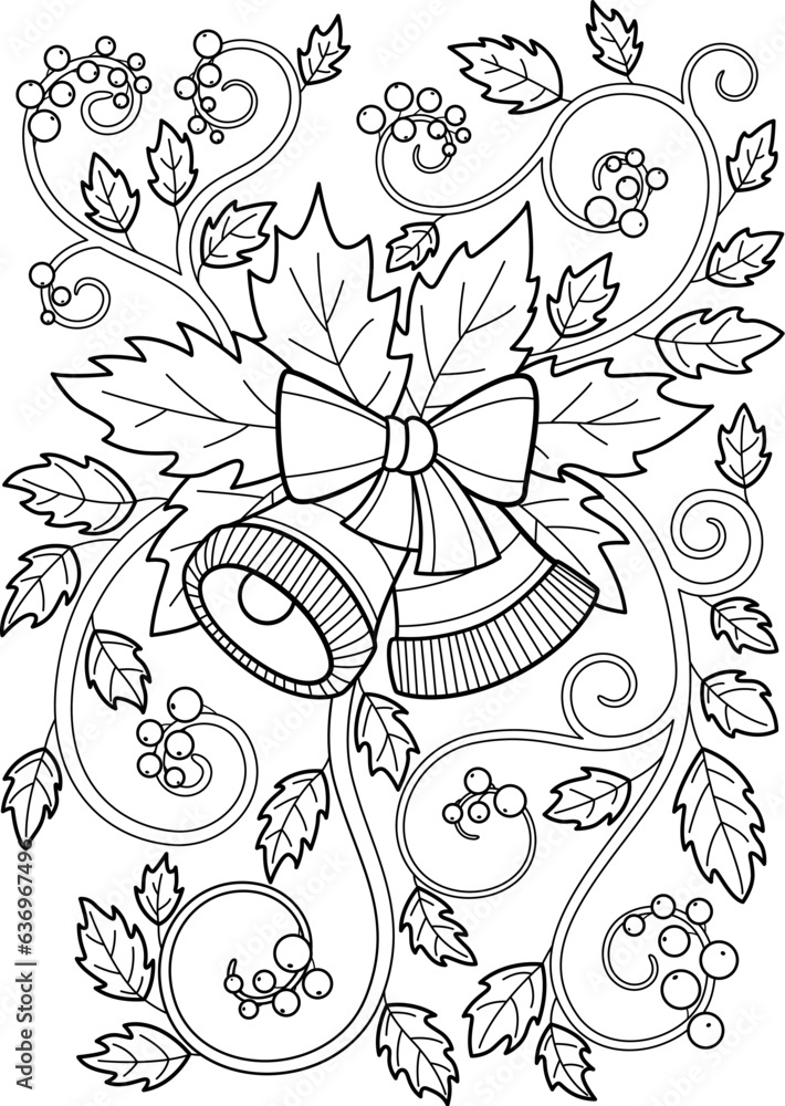 Christmas bells doodle coloring book page. Black and white vector ...