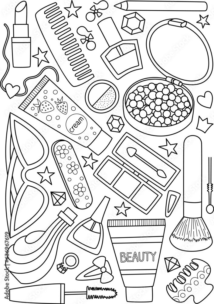 Cosmetics and make-up supplies doodle coloring book page. Black and ...