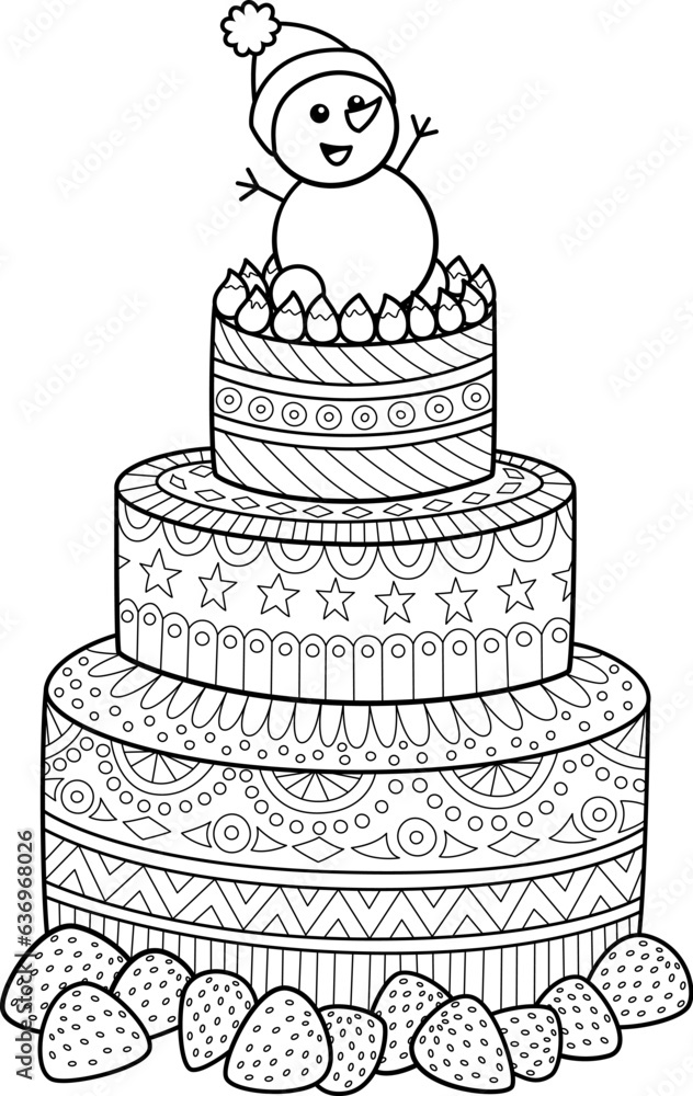 Cake doodle coloring book page. Black and white vector zentangle ...