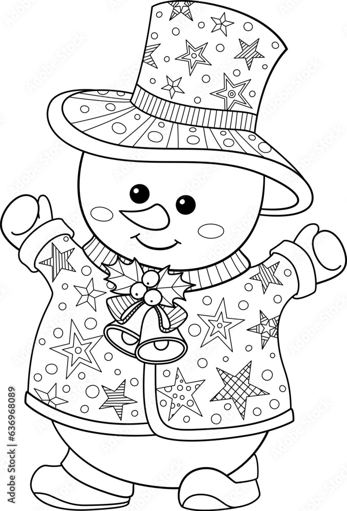 Cute snowman doodle coloring book page. Black and white vector ...