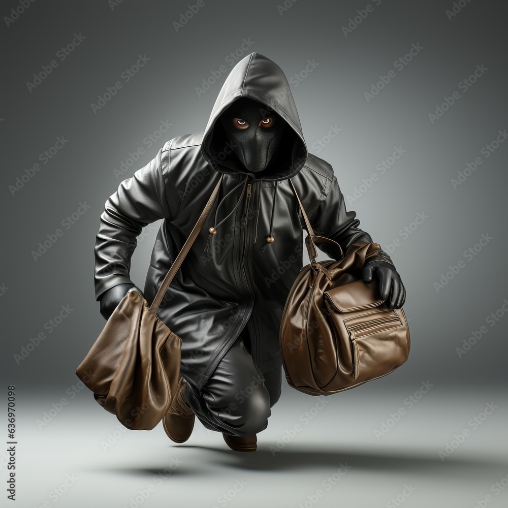 3D illustration of a thief stealing prey, a villain in motion with ...