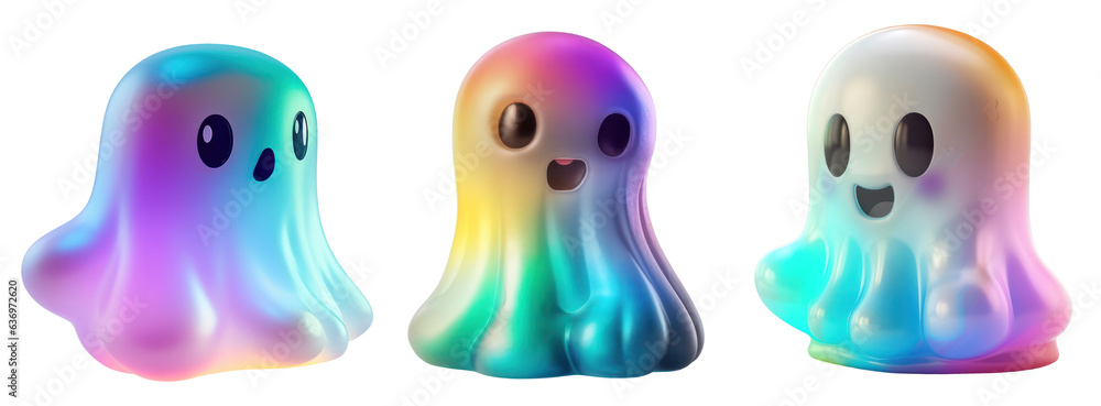 Cute rainbow ghost, funny fantasy ghosts isolated with a transparent background, colorful ...