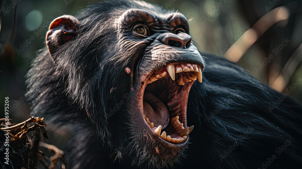 An angry roaring chimpanzee (Pan) with a gaping mouth showing its large ...