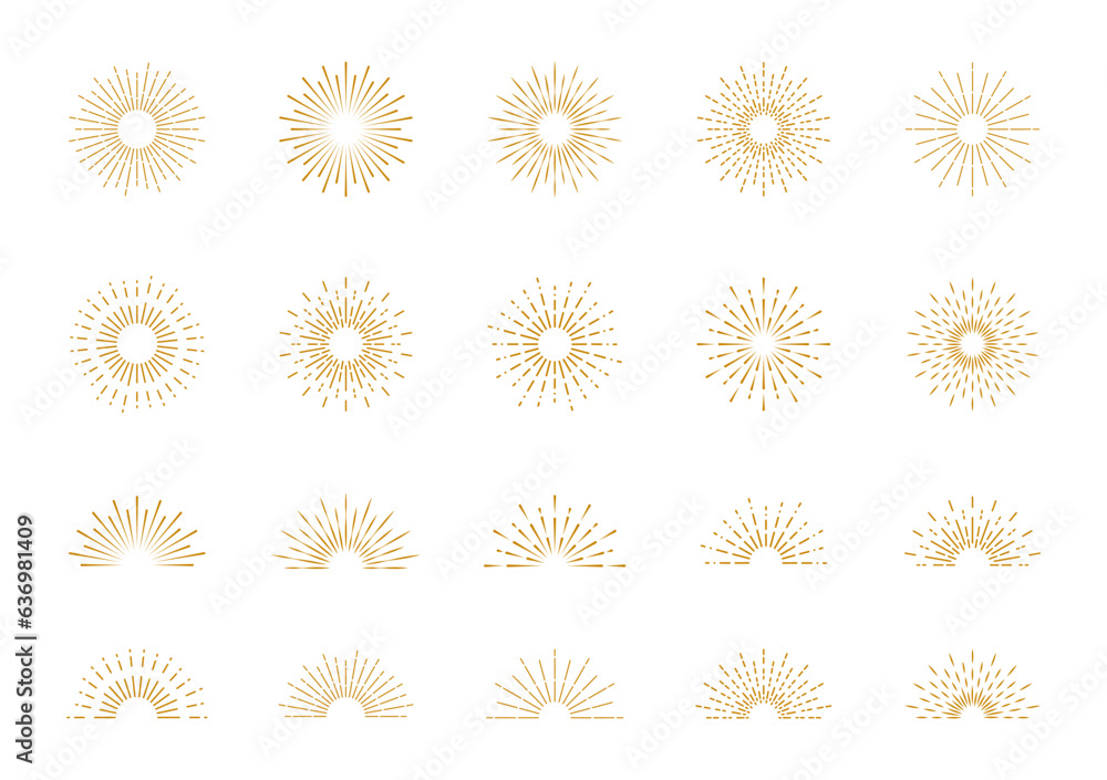 Sunburst set. Light rays gold collection. Vintage sunburst. Explosion ...