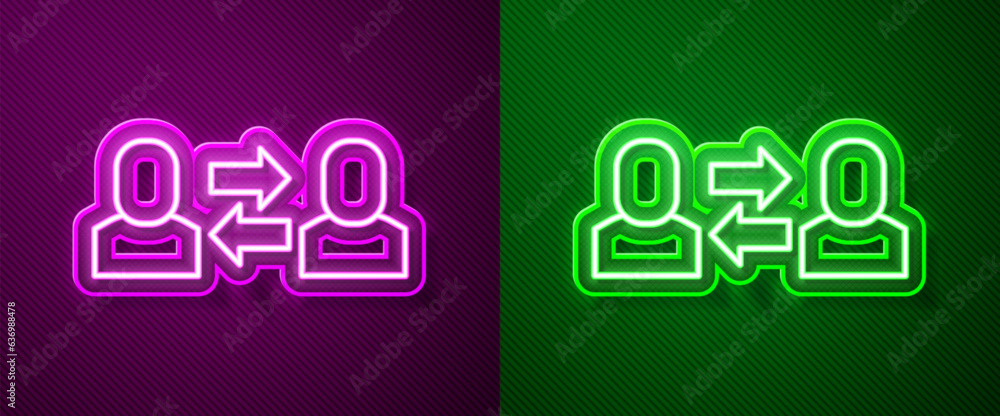 Glowing neon line Exchange work icon isolated on purple and green ...