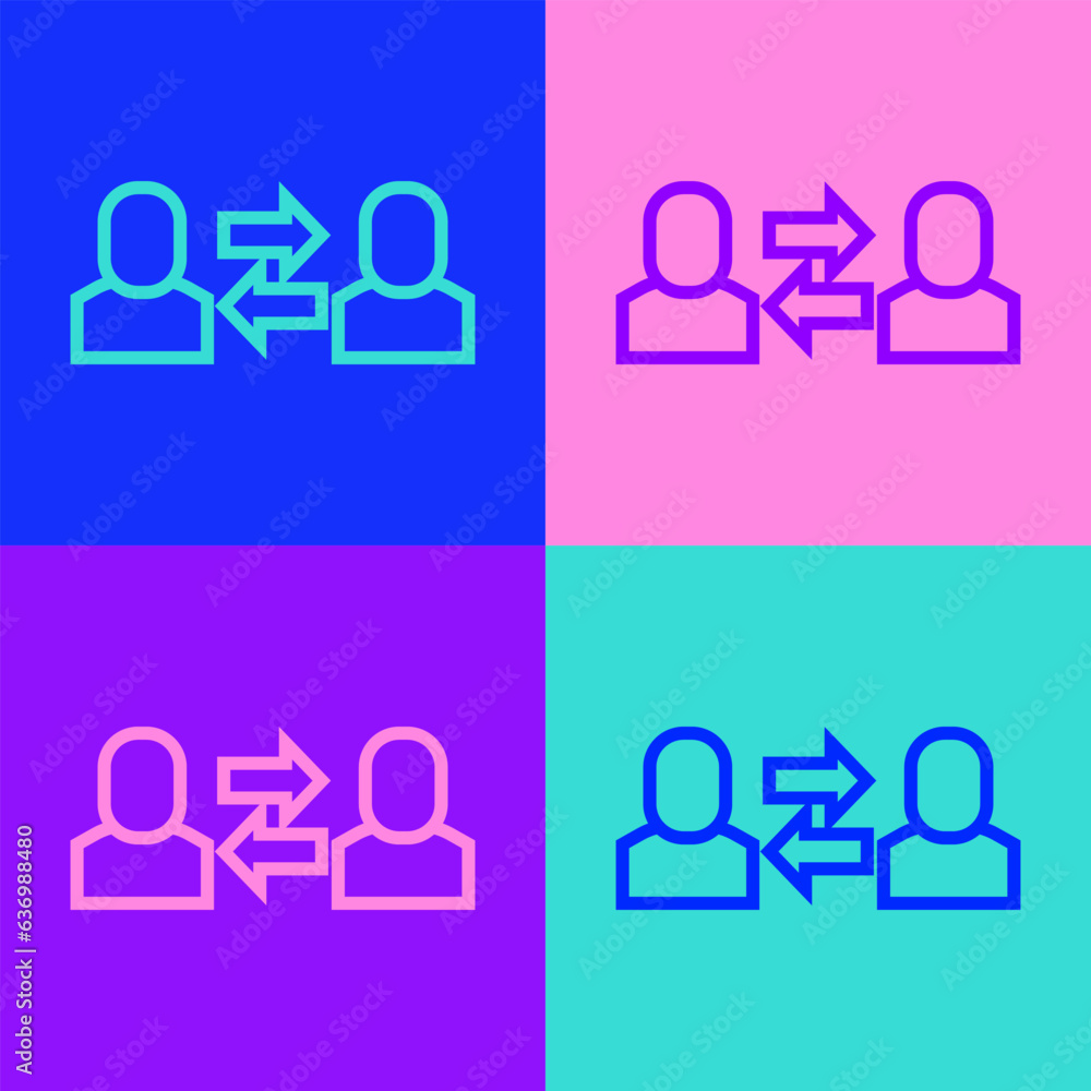 Pop art line Exchange work icon isolated on color background ...