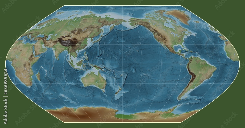 World map. Colored elevation. Winkel I projection. Meridian: 180 Stock ...