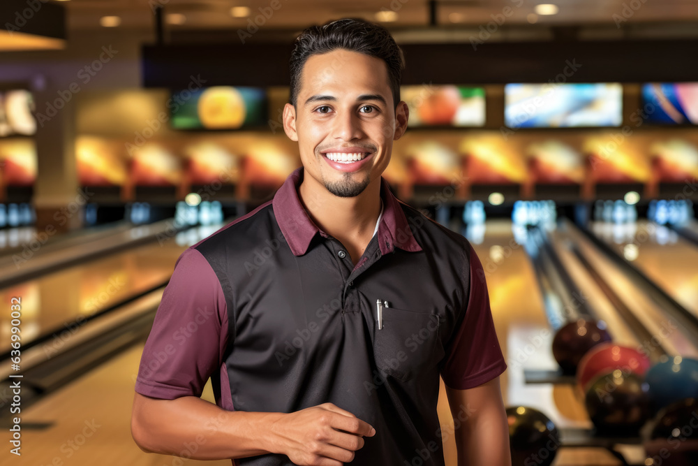 Young man in bowling alley. Candlepin bowls player. Generative AI Stock ...