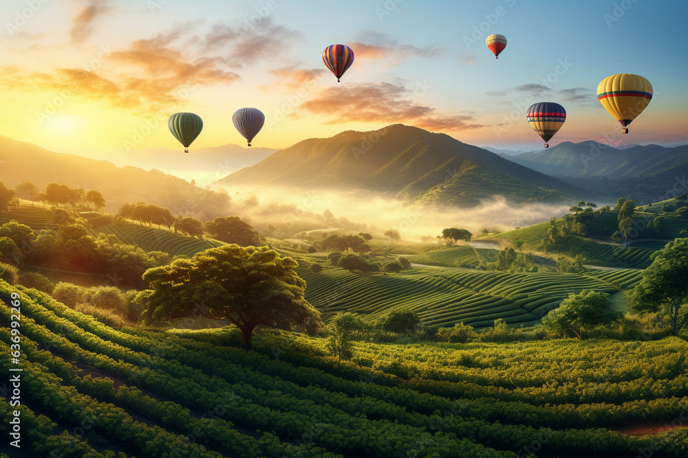 Colorful hot-air balloons flying over tea plantation landscape at ...
