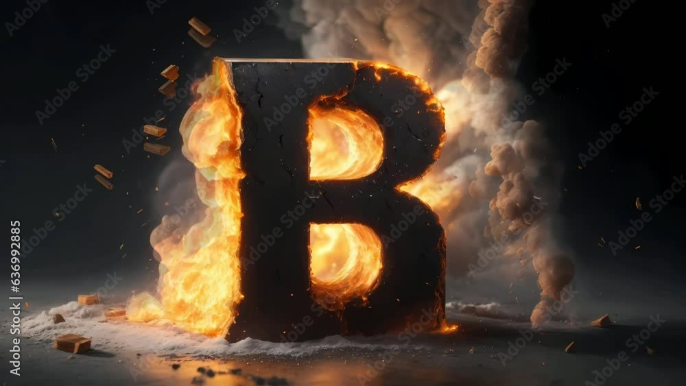 Letter B on fire, isolated at dark background, seamless looping video ...