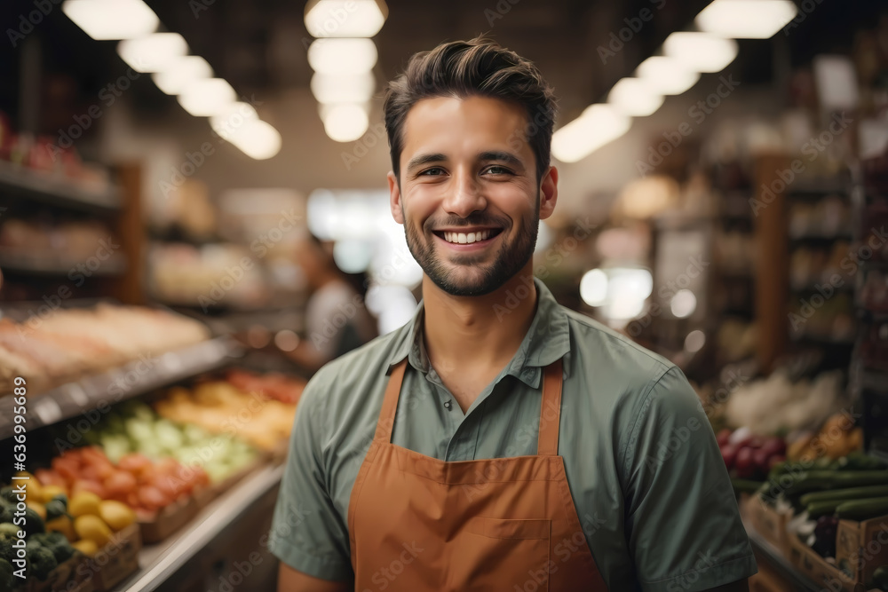 A 30 years old man store worker smiles. White short hairs. Retail store ...